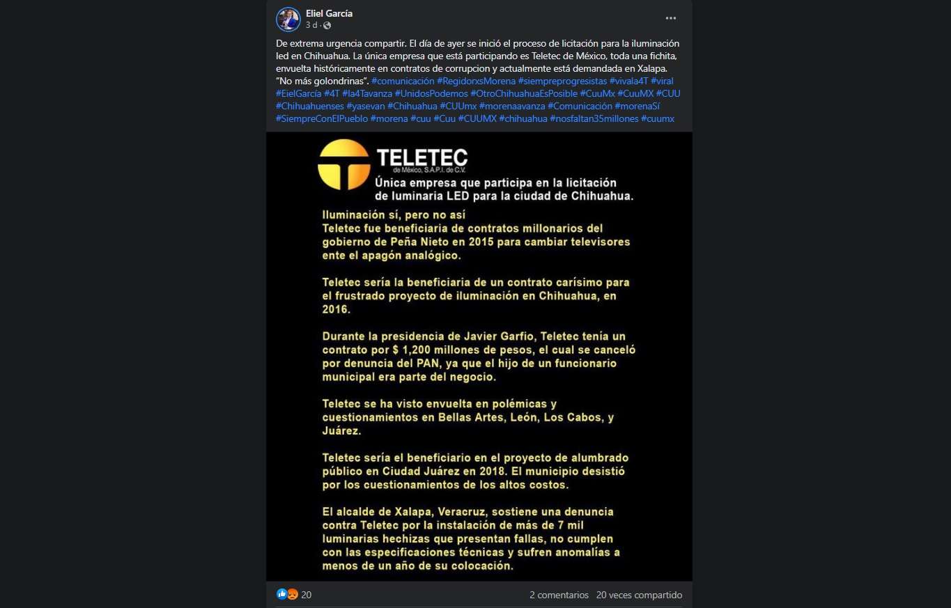Advierte Eliel García por supuesta licitación de luces led a Teletec | La Opción de Chihuahua